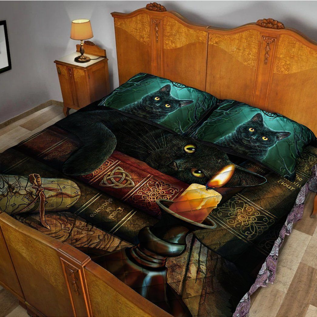 Gearhumans 3D Black Cat Witching Hour Custom Quilt Set