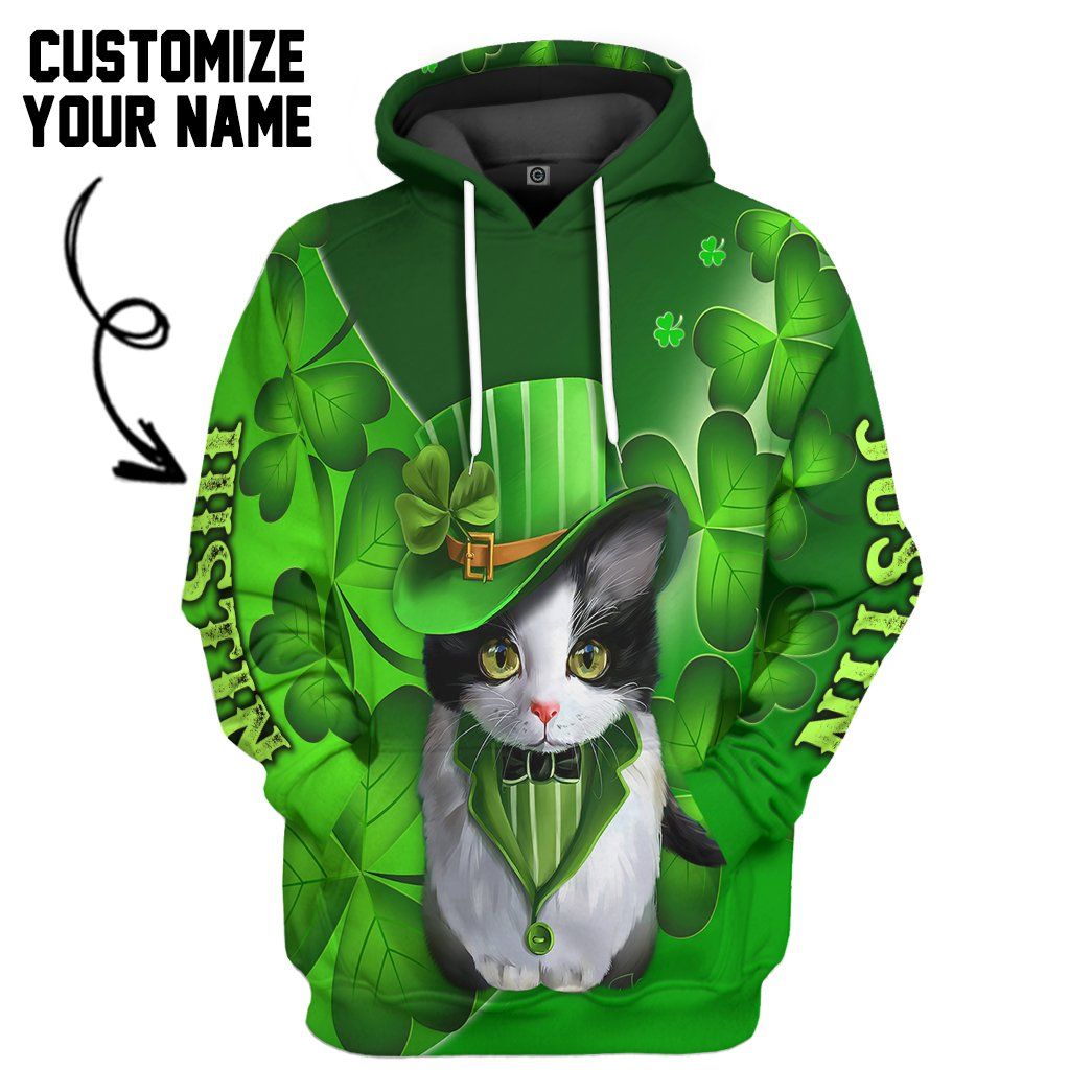 Gearhumans 3D St Patrick Day Black Cat Custom Name Tshirt Hoodie Appar