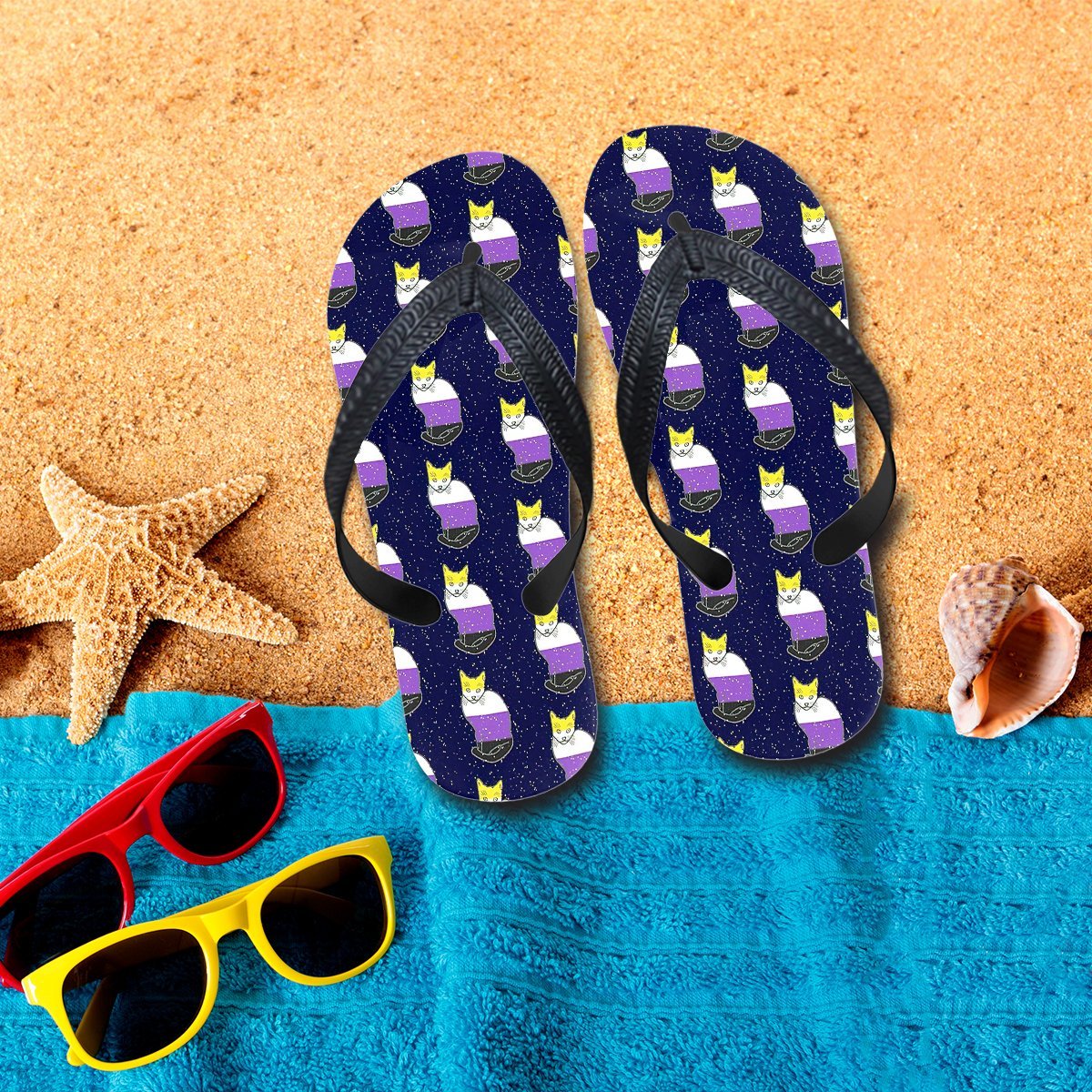 Gearhumans 3D Nonbinary Cats In Space Custom Flip Flop